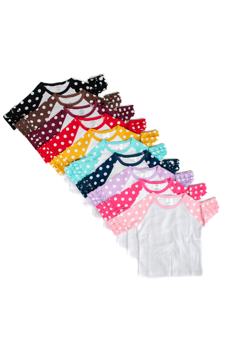 Girl's Polka Dot Triple Ruffle Raglans - ARB Blanks